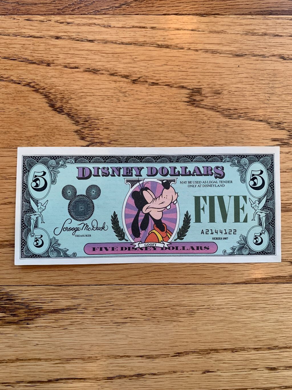 1987 A $5 Disney Dollar Bill Money Uncirculated Goofy Dollar Low 7 ...