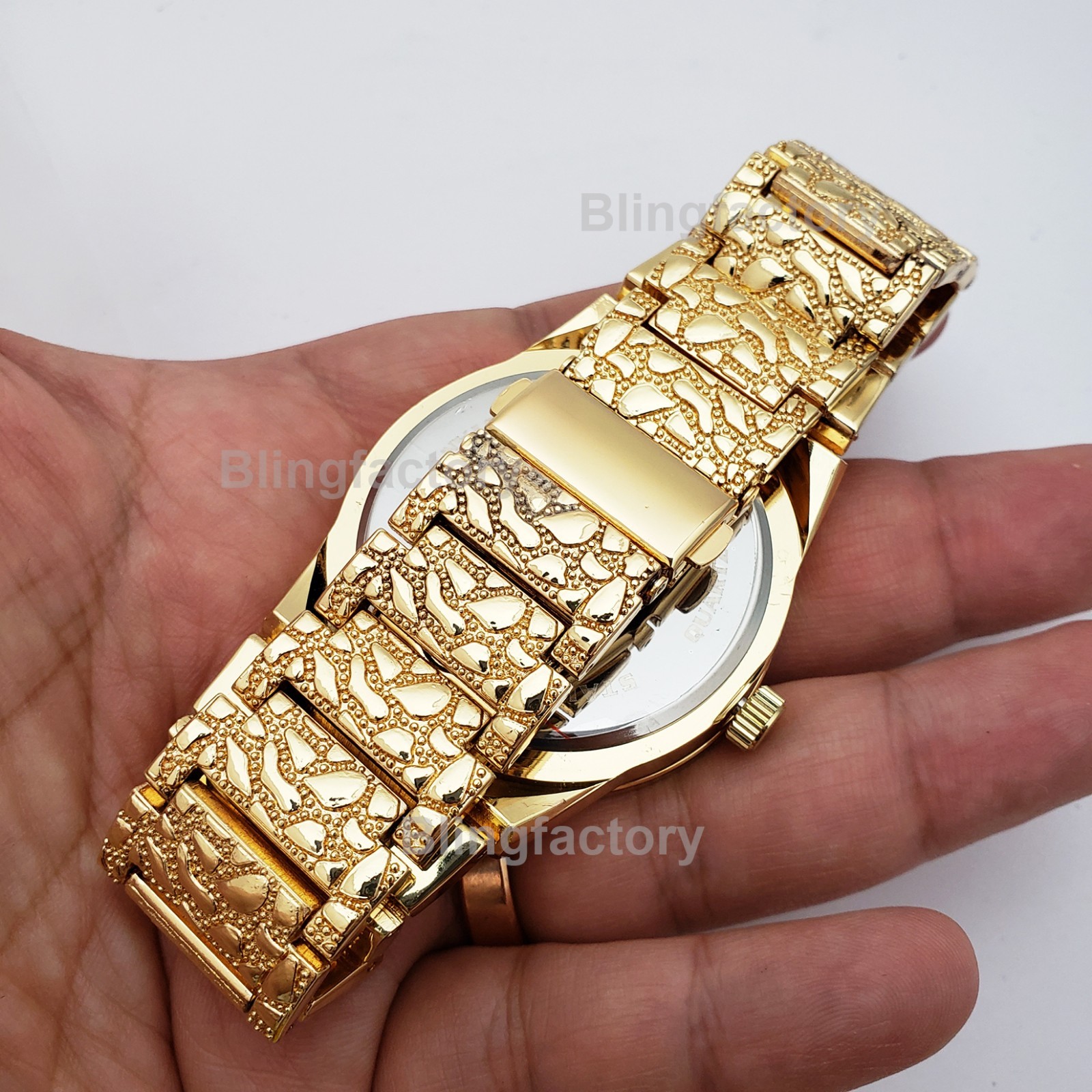 ICED HIP HOP GOLD PT BLING URBAN STYLE GOLDEN NUGGET WATCH & BRACELET ...
