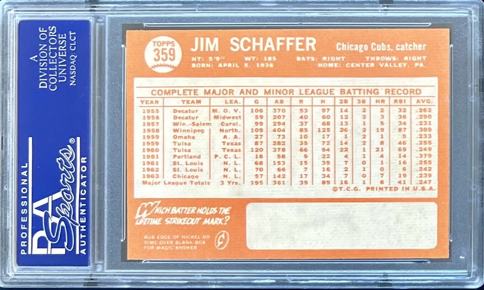 1964 Topps #359 JIM SCHAFFER PSA 9 MINT CUBS | eBay