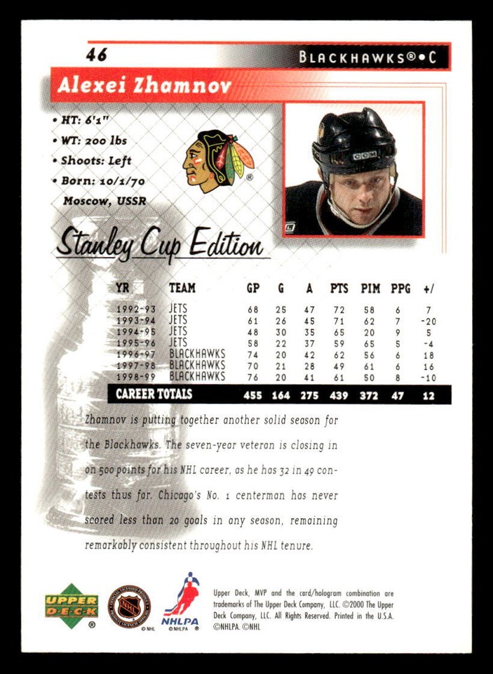 Alexei Zhamnov 1999 Upper Deck MVP Stanley Cup #46 Chicago Blackhawks ...