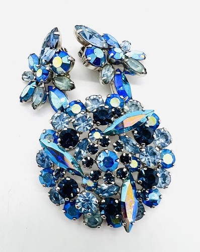 SHERMAN Blue & AB Rhinestone Brooch Earrings Demi Signed Vintage ...