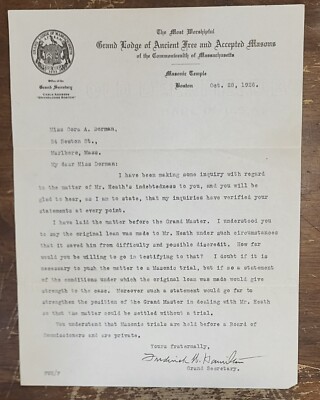 1926 Letterhead Boston Massachusetts Grand Lodge of Ancient Free ...