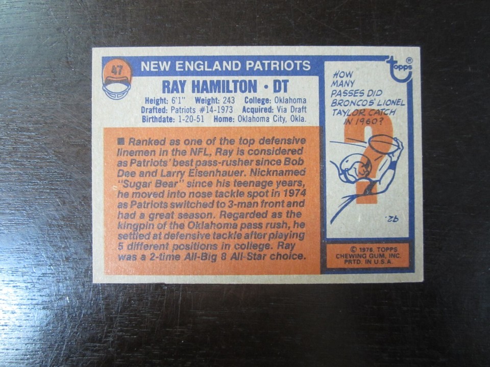 1976 Topps # 47 Ray Hamilton Autograph Signed Auto Card (M2 New England ...