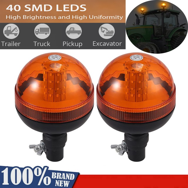 2x LED Amber Rotating Flash Beacon Flexible DIN Pole Mount Tractor ...