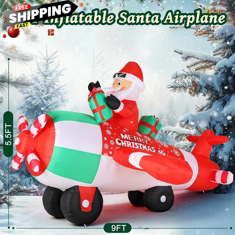 Christmas Inflatables Decorations Outdoor, 9FT Santa Airplane, Blow Up ...