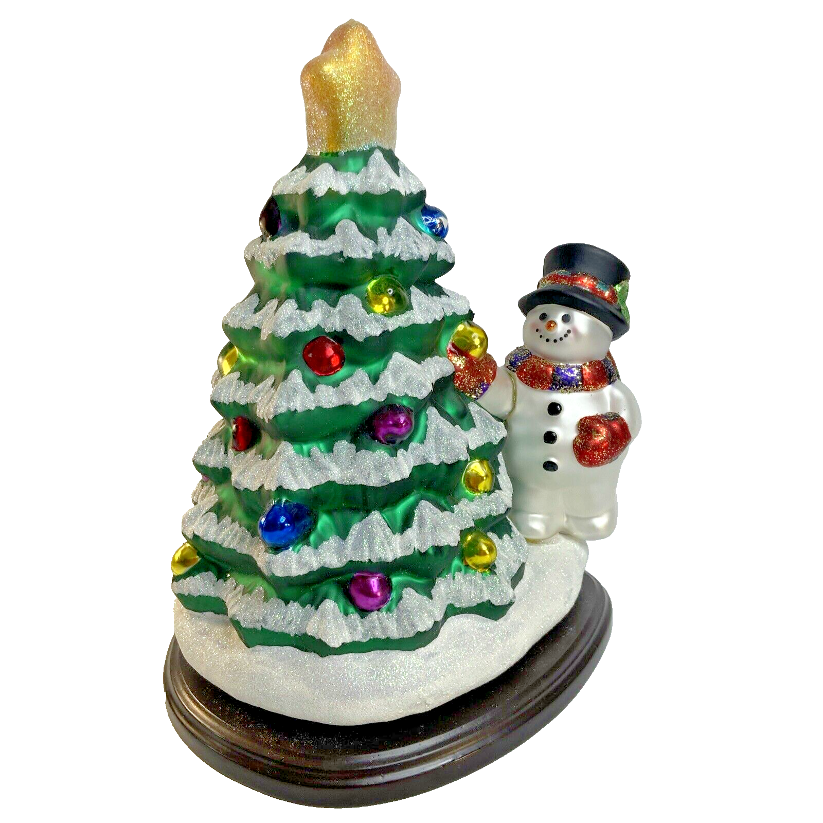 Glass Frosty Snowman W/ Christmas Tree Wood Base Tabletop Hand Painted ...
