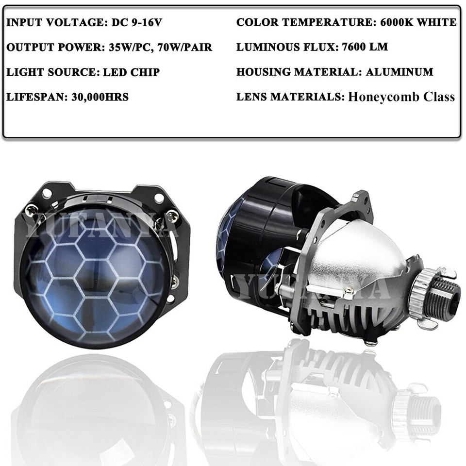 Bi LED Projector 2.5'' Honeycomb Lens+Shrouds 70W 6000K LED Headlight ...