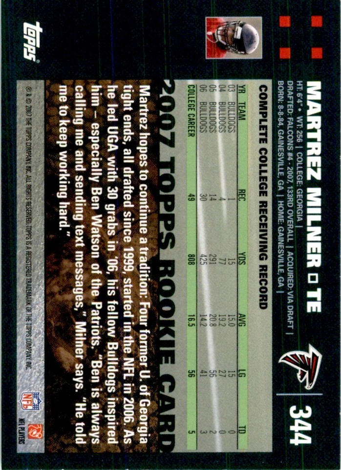 2007 TOPPS MARTREZ MILNER ROOKIE ATLANTA FALCONS #344 | eBay