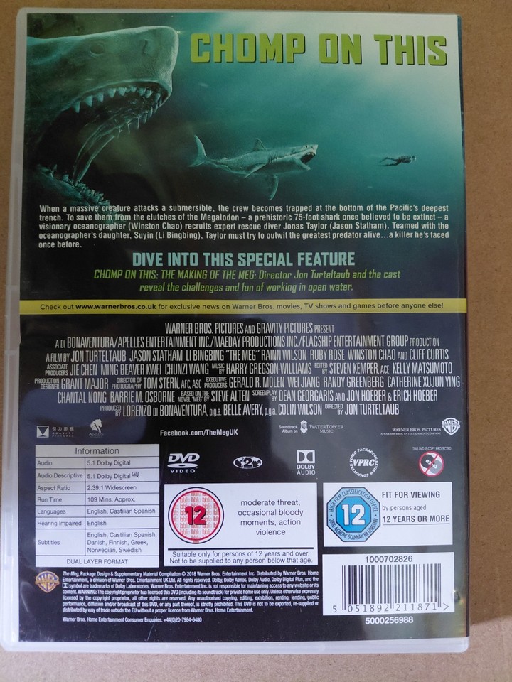 The Meg DVD Jason Statham, Ruby Rose 2018 Shark Action Adventure Movie ...
