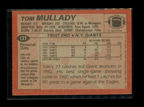 Vintage 1983 TOPPS Football Trading Card #131 TOM MULLADY New York ...