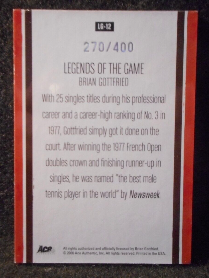 2006 Brian Gottfried Ace Authentics Legends Of The Game AUTOGRAPH ...