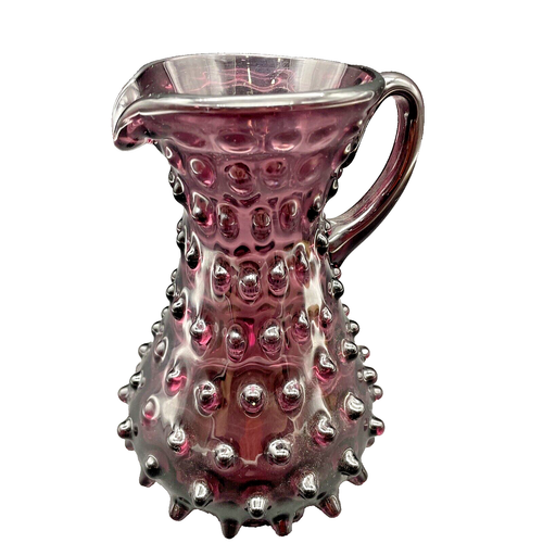 VINTAGE ANTIQUE AMETHYST PURPLE HOBNAIL GLASS PITCHER HANDLE HAND BLOWN ...