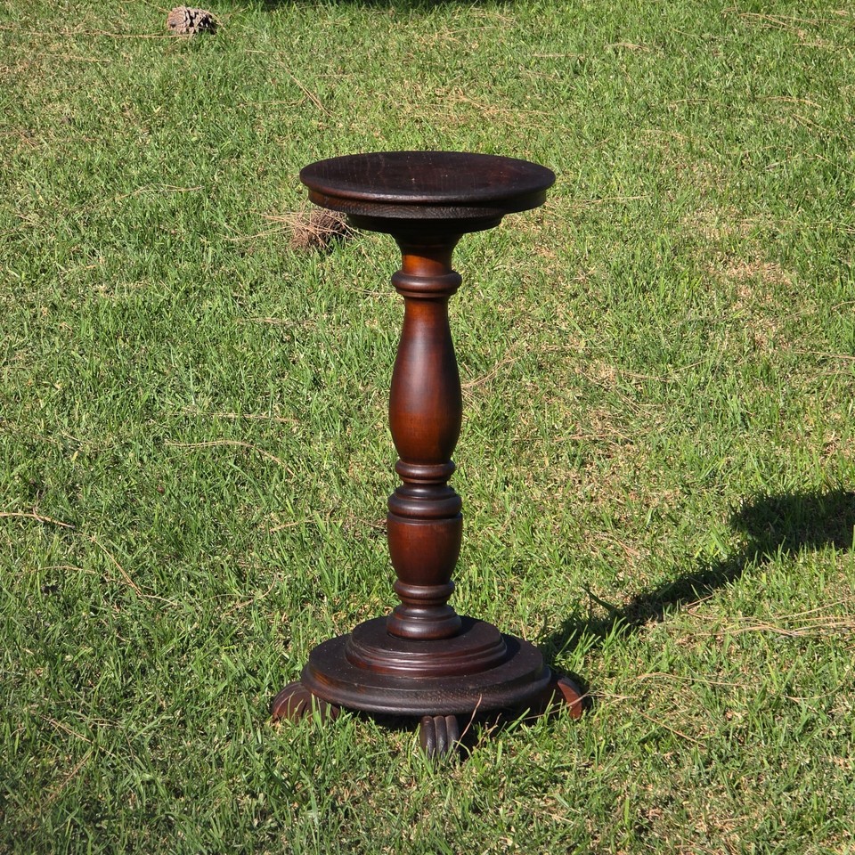 Vintage Round Pedestal Table / Spindle-Turned Stem & 4-Leg Plant Stand ...