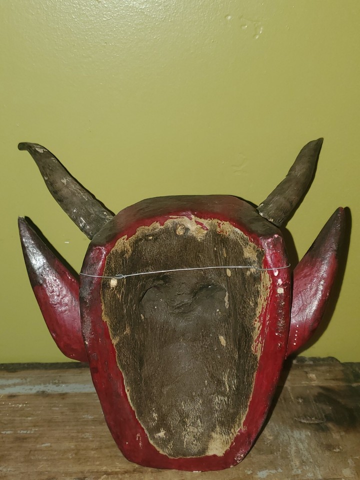Vintage Mexican Folk Art Guerrero Devil Mask Rattling Goat Horn Painted ...