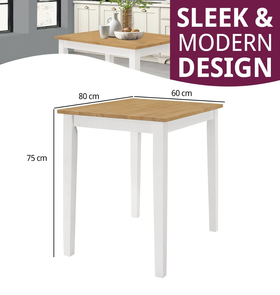 Small Dining Table in White & Oak Finishing, Solid Wood Breakfast ...