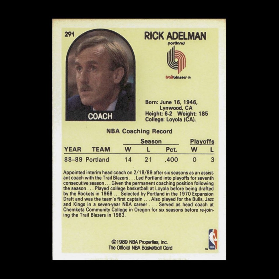 Rick Adelman 1989-90 Hoops Portland Trail Blazers #291 R331A 8 | eBay