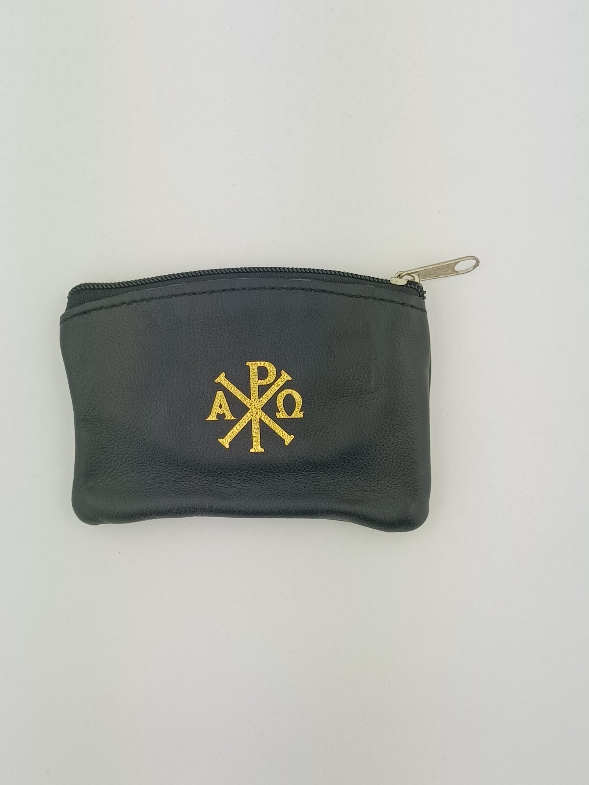 Gold Toned Ave Maria Chi Rho Black Rosary Pouch Zippered Case Gift 3 1/ ...