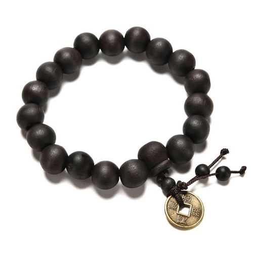 BLACK WOOD Bead BRACELET w FORTUNE COIN 10mm Prayer Bead Mala Stretch ...