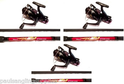 3 x Shakespeare Firebird Carbon Carp Fishing Rod + Freespool Carp Reel ...