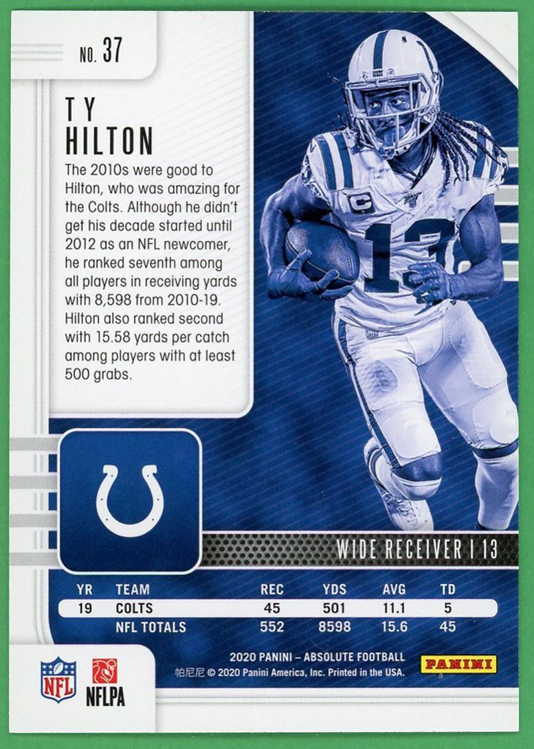 2020 Panini Absolute Green T.Y. Hilton Indianapolis Colts #37 Parallel ...