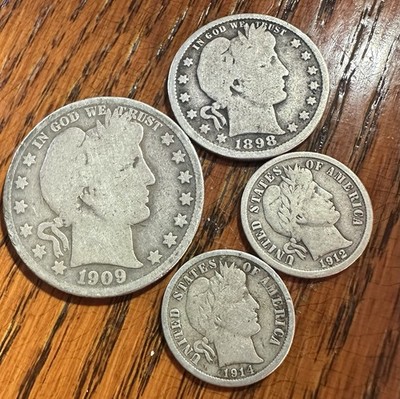 Barber Coin Lot G-VG 1909S 50c, 1898P 25c, 1914P 10c all G-VG 1912P 10c ...
