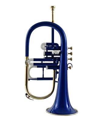 NEW DELUXE! Bb FLAT FLUGEL HORN BLUE WHITE BRASS NEW WITH FREE CASE ...