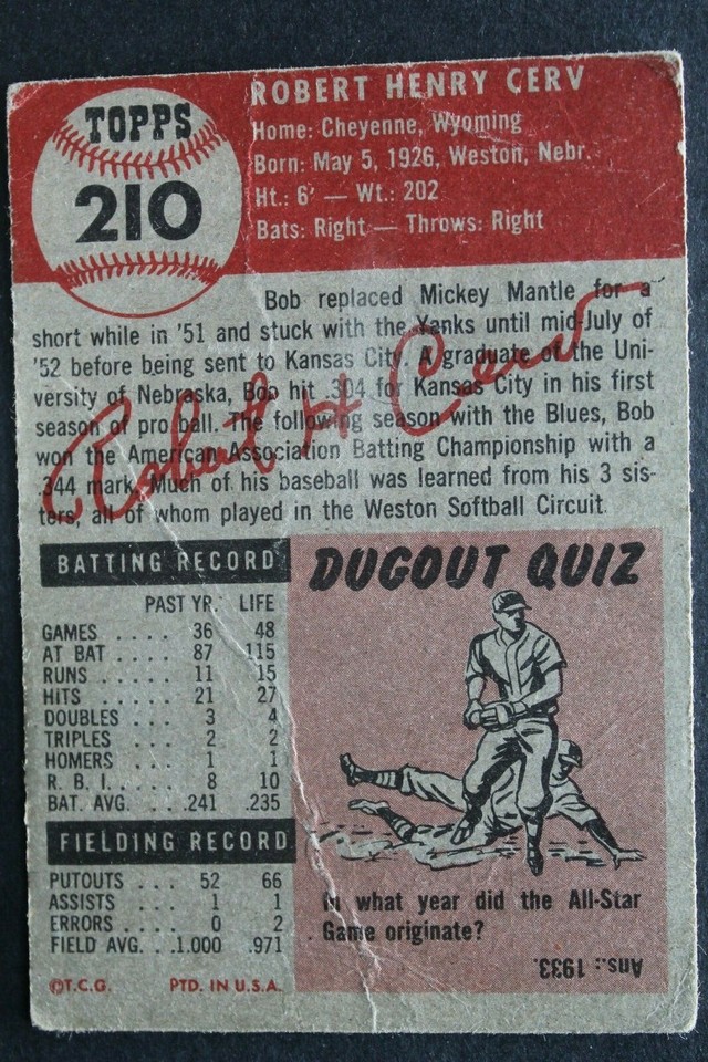 Bob Cerv (d.2017) NY Yankees Autographed 1953 Topps #210 Signed Vintage ...