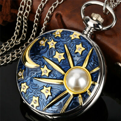 Unique Moon Sun Design Retro Quartz Pocket Watch for Men Women Long ...