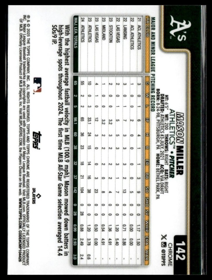 2025 Topps Chrome Baseball #142 Mason Miller Prism Refractors | eBay