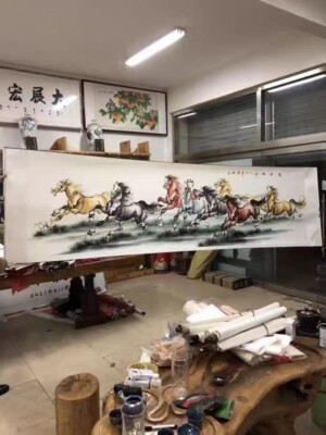 138" Large Chinese Hand Scroll Painting About Eight Horse Greeting ...