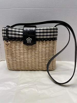 Brighton Rattan/Straw Purse/Bag Black Leather Checkered Fabric | eBay