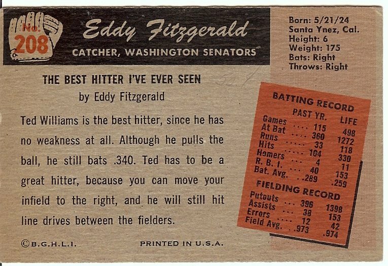 Ed Fitzgerald Signed Autographed Baseball Card 1955 Bowman Senators ...