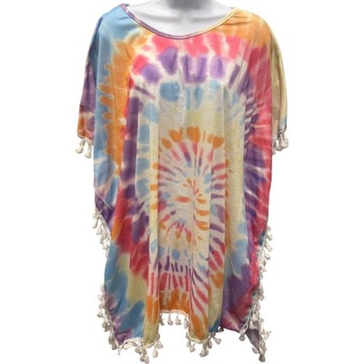 Blakeley Bright Rainbow Tie Dye Macrame Swim Cover/Poncho OS-Beach Boho ...