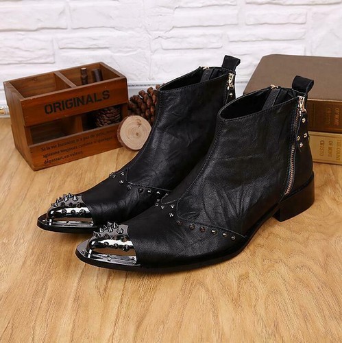 Men's Chelsea boots Punk Black Leather Side Zip Metal Pointed Toe Ankle ...