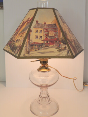 Vintage CottageCore Table Lamp Clear Glass Base 6 Panel Scenic Shade ...