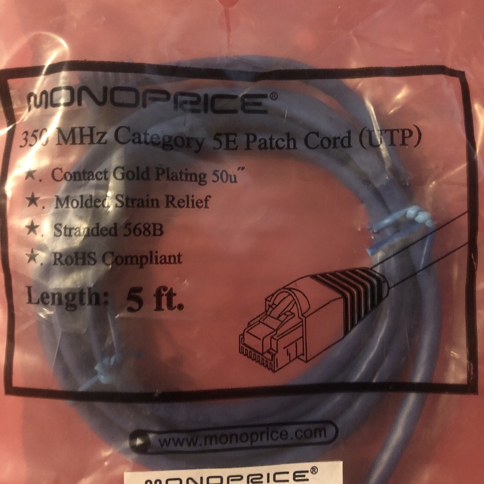 5Ft Blue 350 MHz Category 5E Patch Cord (UTP) contact gold plating 50u ...