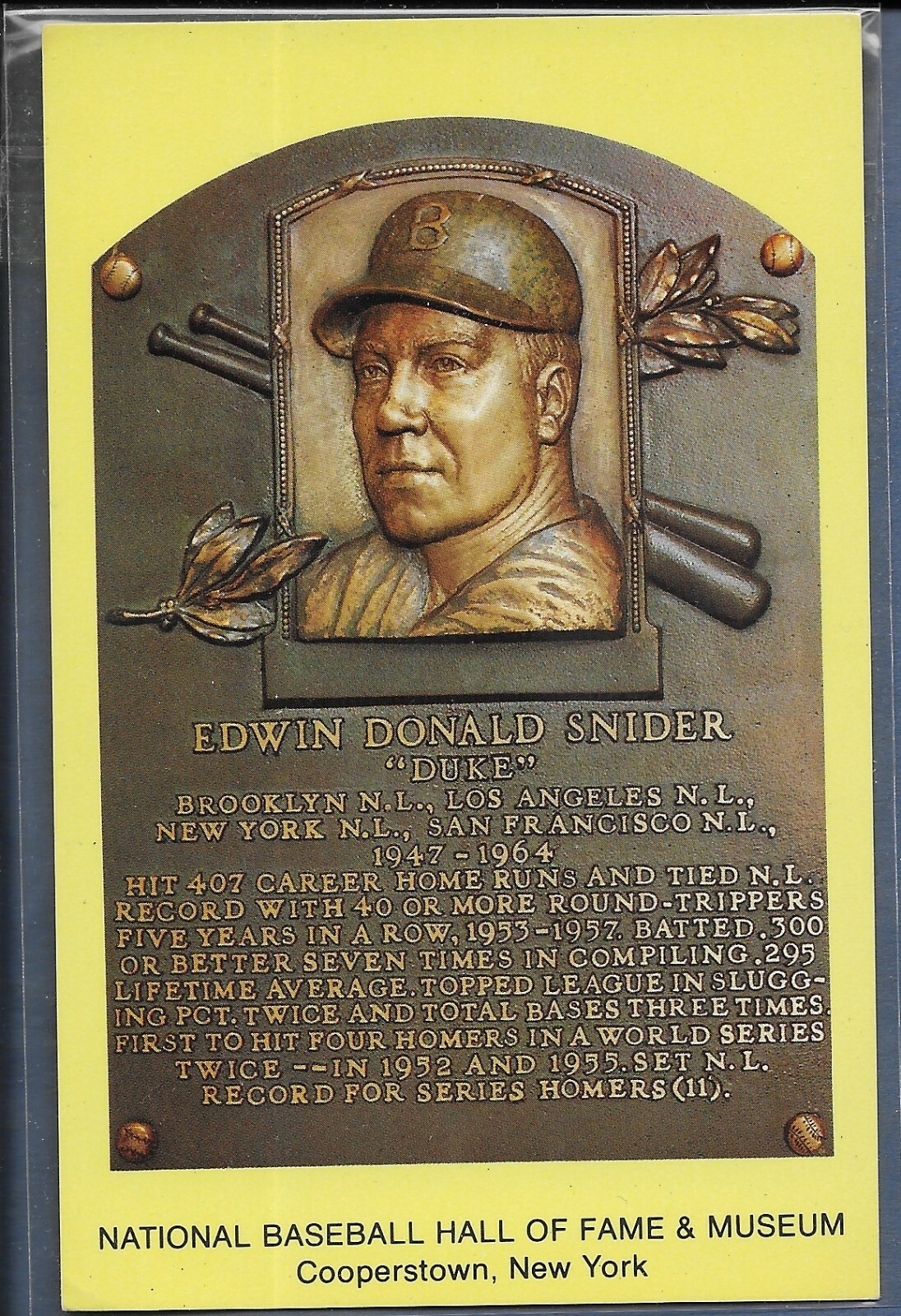Edwin Donald "DUKE" Snider - Cooperstown Hall of Fame Plaque Postcard ...