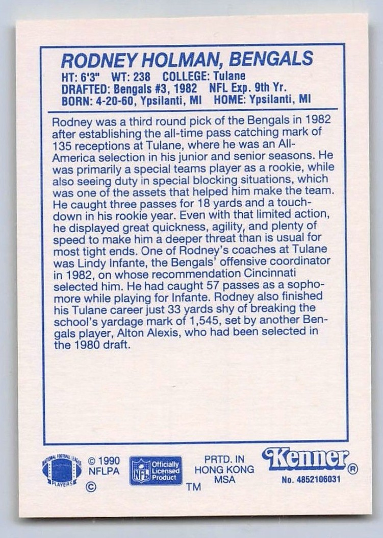 1990 RODNEY HOLMAN - Starting Lineup Card - SLU - CINCINNATI BENGALS ...