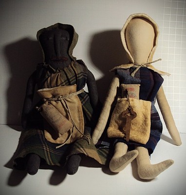 Primitive handmade folk art farmhouse cloth prairie doll black white ...