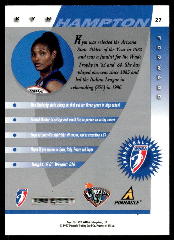 1997-98 Pinnacle Inside WNBA Kym Hampton RC New York Liberty #27 | eBay