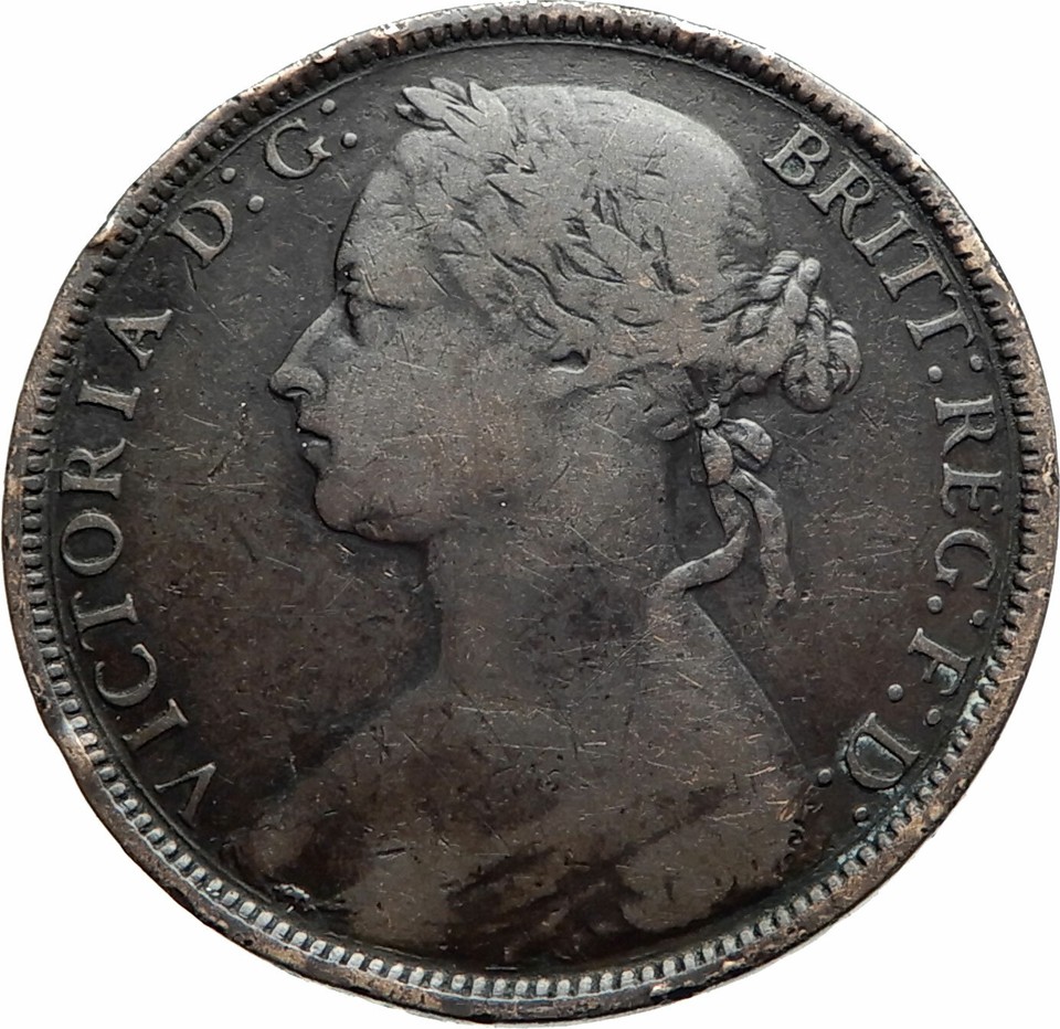 1881 UK Great Britain United Kingdom QUEEN VICTORIA Genuine Penny Coin ...