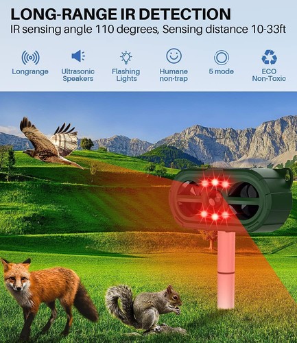 Animal Repeller Ultrasonic Solar Power Outdoor Pest Cat Mice Deer ...