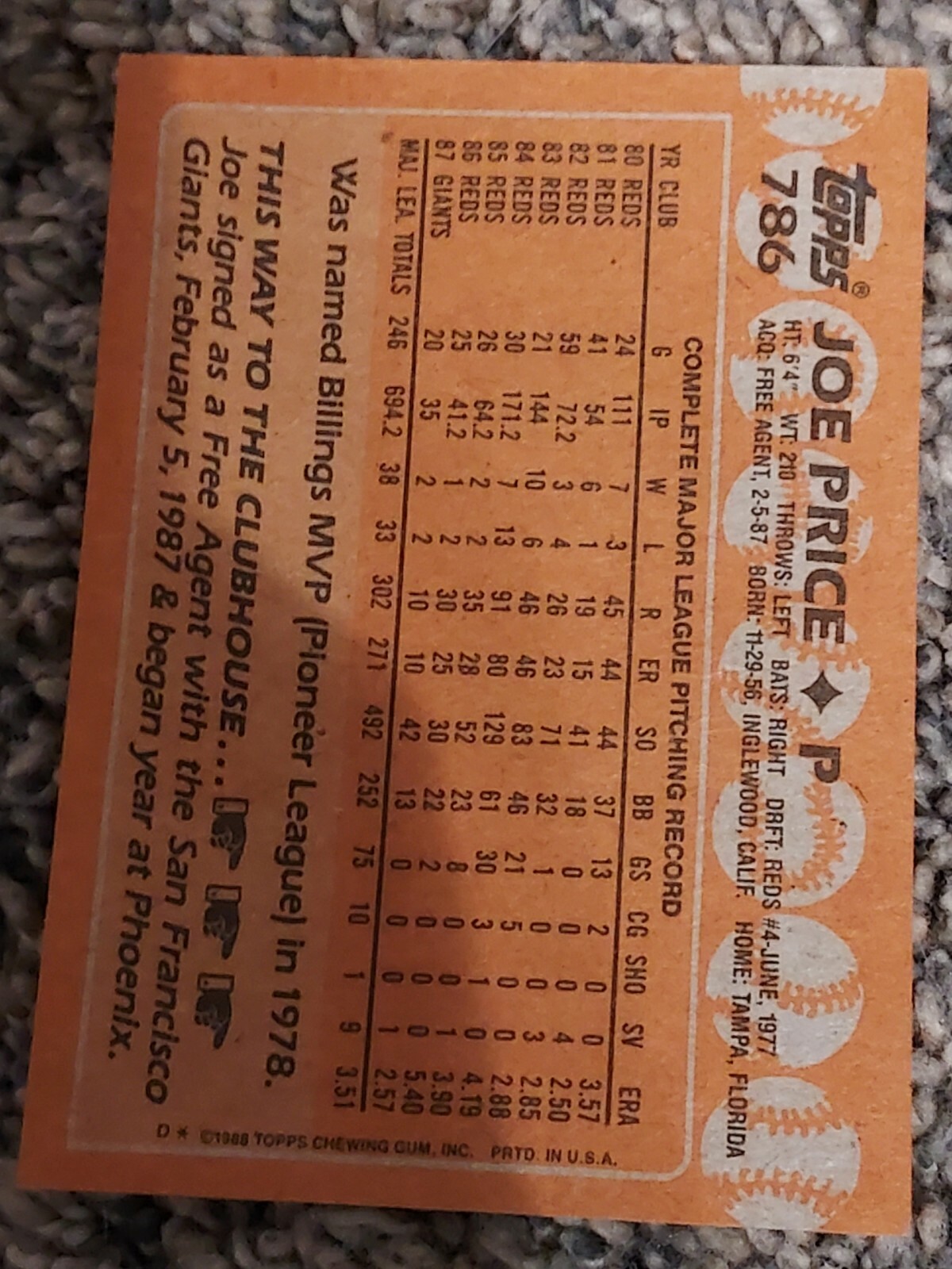 1988 Topps Chewing Gum Baseball Card Joe Price #786 | eBay