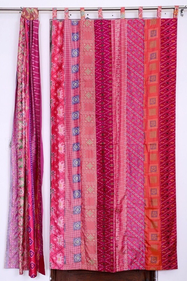 2 Pcs Indian Sari Patchwork Curtain Drape Window Decor Pink Silk Sari ...