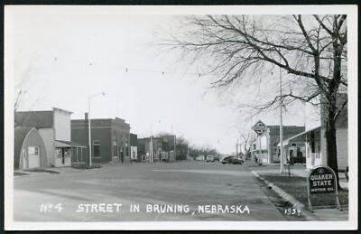 BRUNING NEBRASKA - STREET w SKELLY GAS STATION SIGN - 1954 RPPC Photo ...