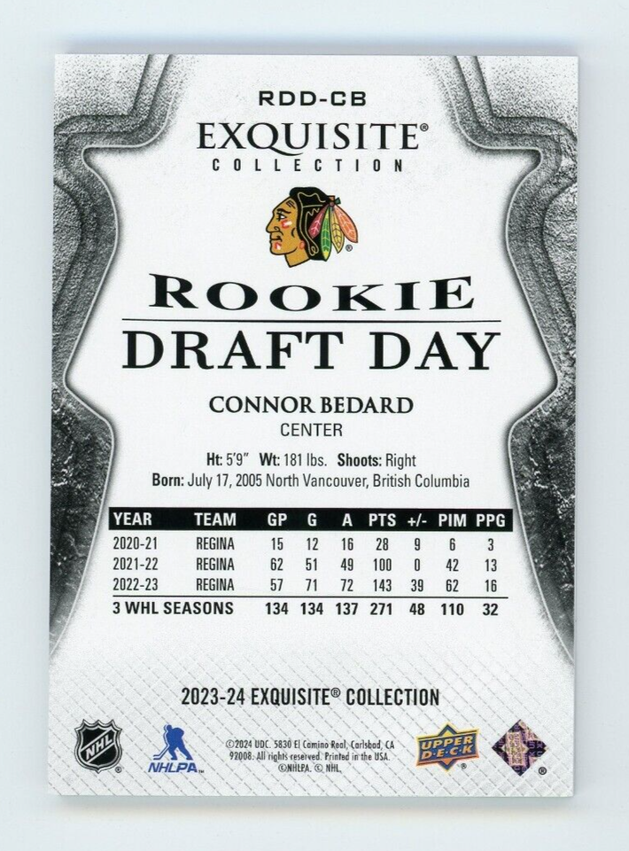 2023 Upper Deck Black Diamond Connor Bedard RC Exquisite /349 Draft Day ...