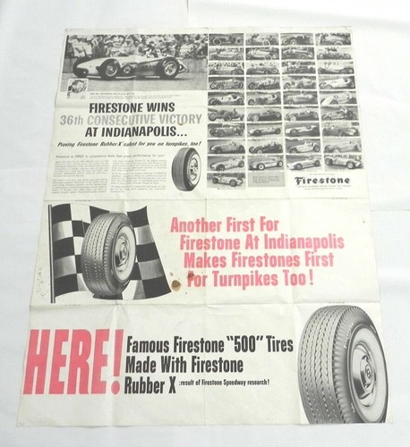 VINTAGE RARE 1959 FIRESTONE INDY 500 WINNERS TOP SPEED POSTER 43" x 33 ...