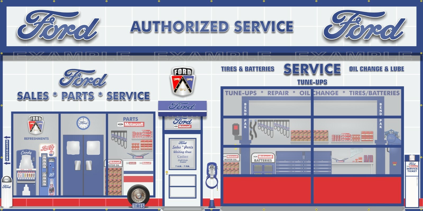 FORD MOTORCRAFT DEALERSHIP SALES SERVICE SCENE WALL MURAL SIGN BANNER ...