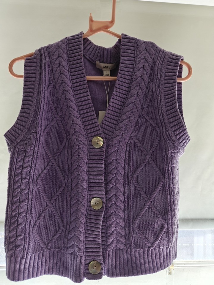 M&S Purple Cable Knit Vest Sleeveless Cardigan Chunky Size [S] NEW WITH ...