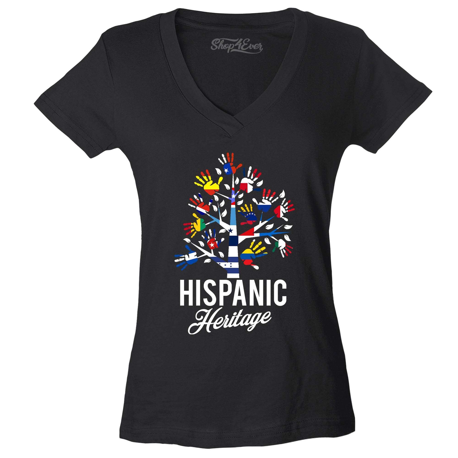 Hispanic Heritage Month Flag Handprint Tree Women's V-Neck T-shirt ...